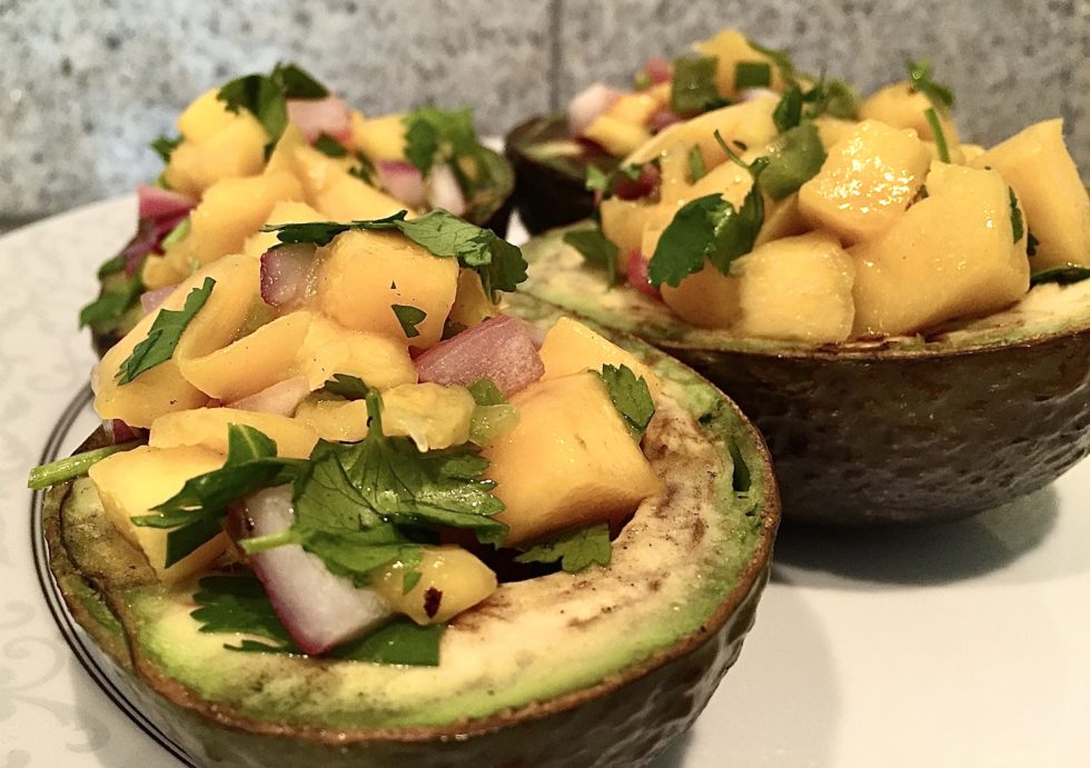Grilled Avocado Stuffed with Grilled Mango Salsa • Sarah Koszyk